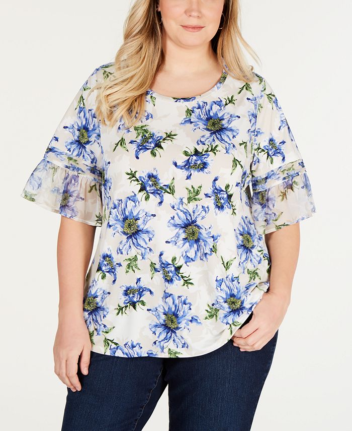 Charter Club Plus Size Ruffle-Sleeve Floral-Print Top, Created for Macy ...