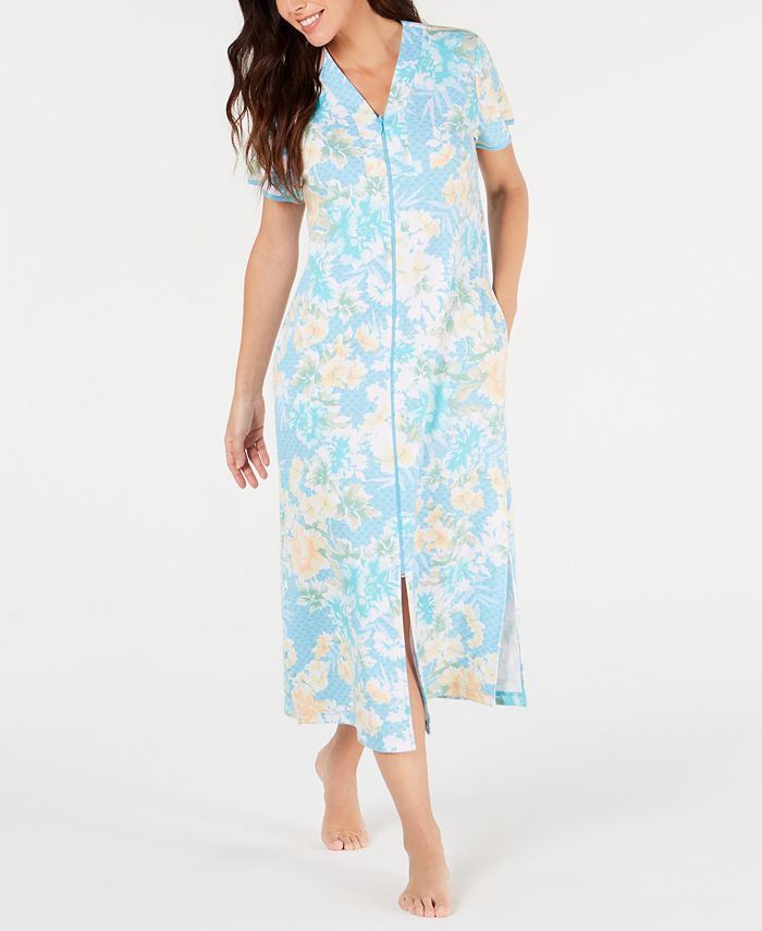Miss Elaine Flower-Print Interlock-Knit Zip-Up Long Robe - Macy's