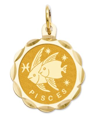 14k Gold Charm, Satin Polished Engraveable Pisces Zodiac Disc Charm ...
