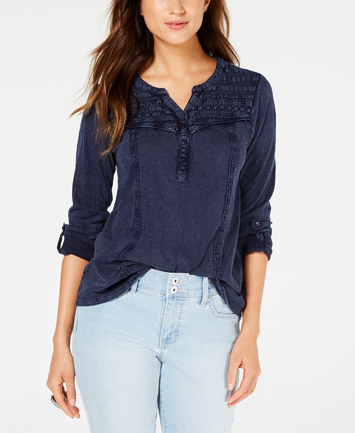 Style & Co Cotton Crochet-Trim Roll-Tab Top, Created for Macy's - Macy's