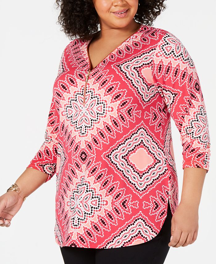 JM Collection Plus Size Zippered-Neck Printed Top, Created for Macy's ...