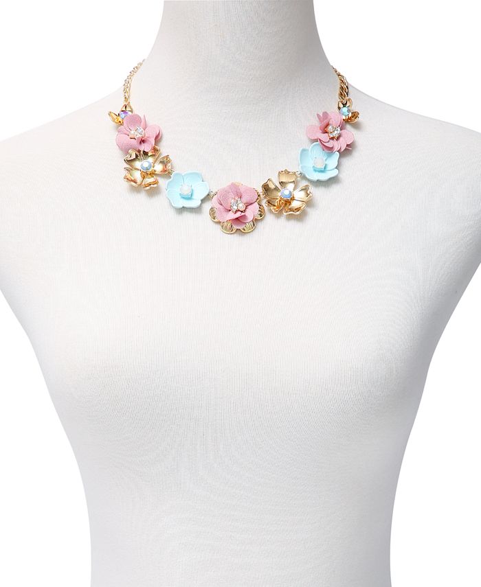 GUESS Gold-Tone Crystal & Floral Statement Necklace, 18" + 2" extender ...