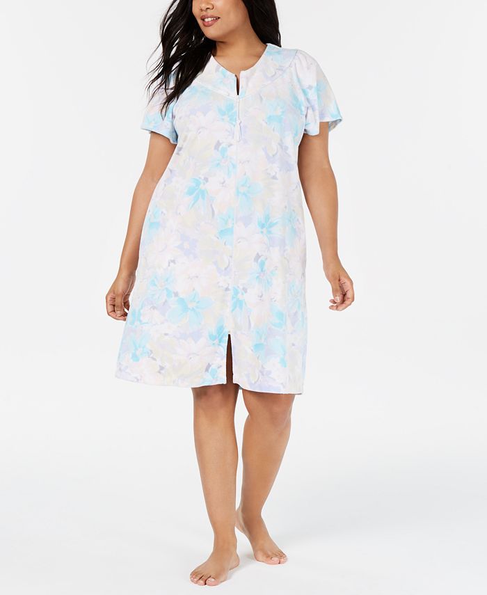 Miss Elaine Plus Size Printed Micro-Terry Zip Robe - Macy's