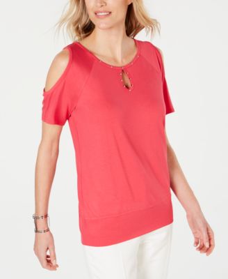 JM Collection Petite Studded Cold-Shoulder Keyhole Top, Created for ...