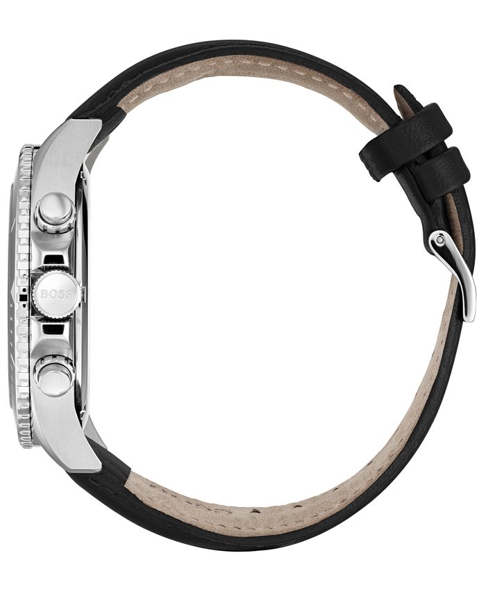 BOSS Men's Chronograph Ocean Edition Black Leather Strap Watch 46mm ...