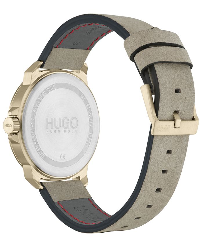 HUGO Men's #Lead Beige Leather Strap Watch 42mm - Macy's