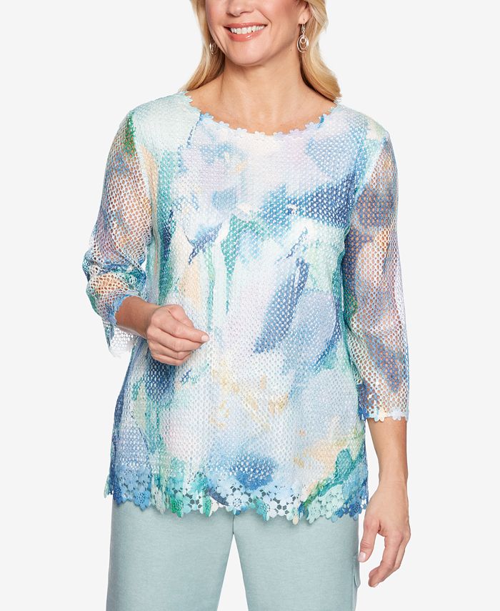 Alfred Dunner Monterey Printed Mesh Overlay Top - Macy's
