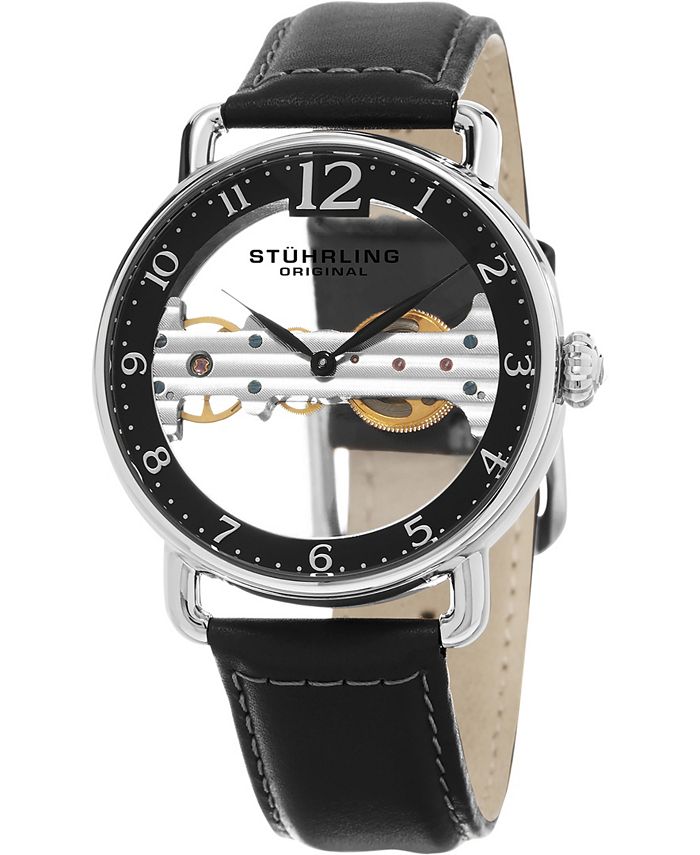 Stuhrling Men's Mechanical Bridge Watch, Silver Tone Case on Black ...