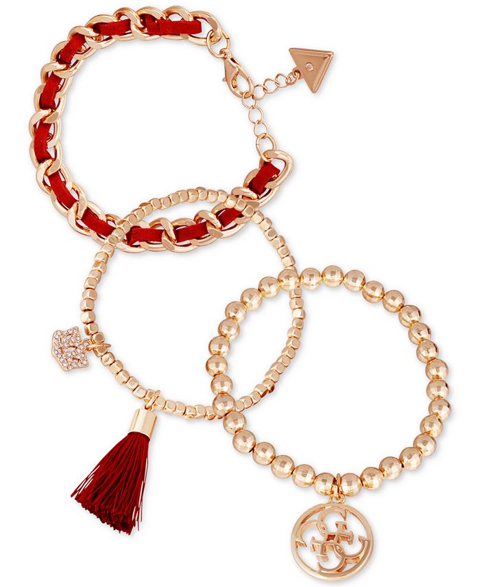 GUESS Gold-Tone 3-Pc. Set Crystal Charm, Bead & Woven Bracelets - Macy's