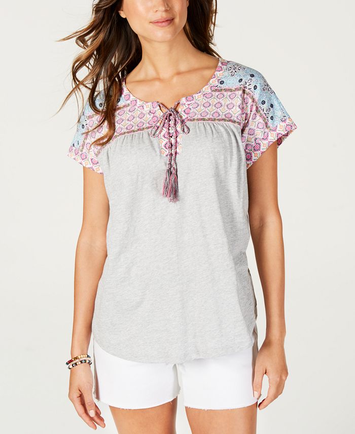 Style & Co Petite Printed Lace-Up Top, Created for Macy's - Macy's
