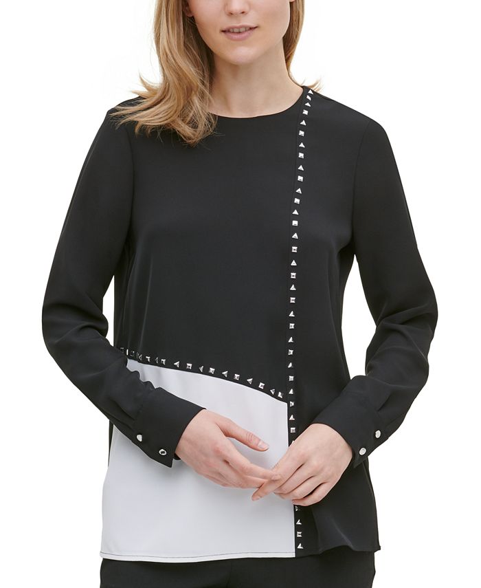 Calvin Klein Colorblocked Studded Top - Macy's