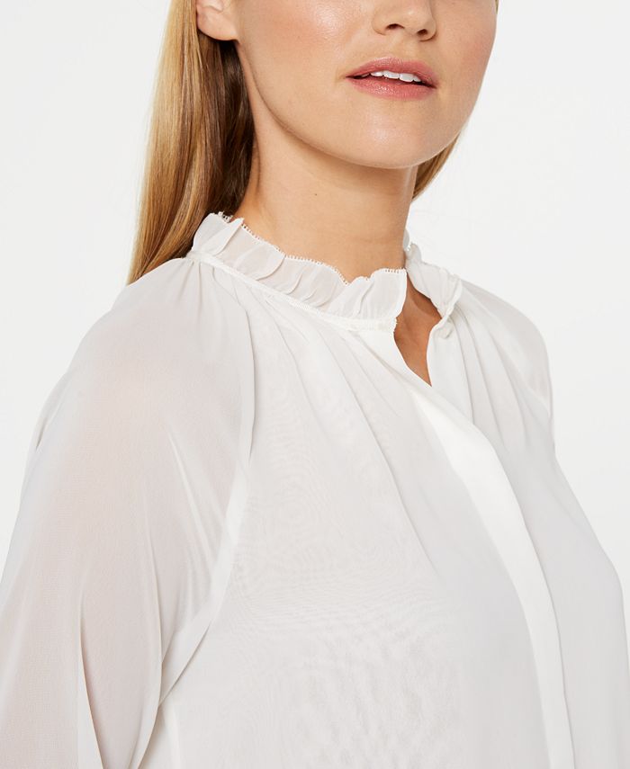 Calvin Klein Ruffled-Neck Button-Up Top - Macy's
