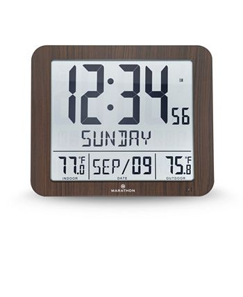Marathon Slim Atomic Wall Clock with Indoor/Outdoor Temperature, Full ...