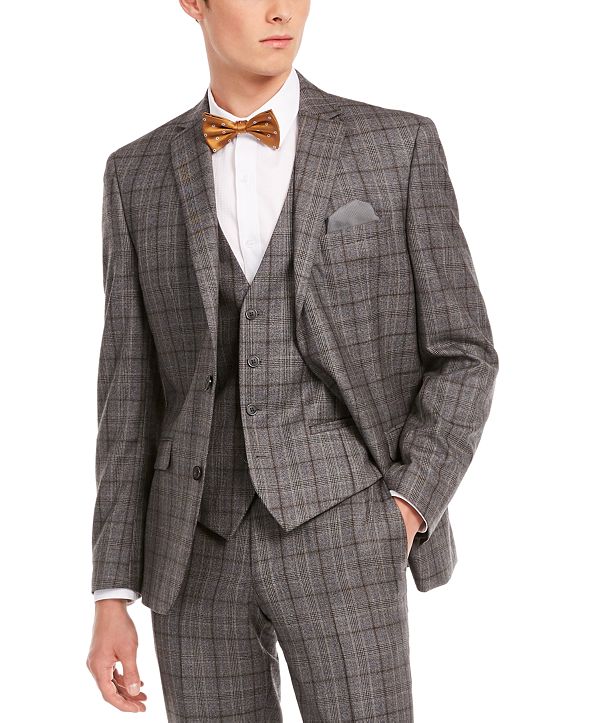 Bar III Men's Slim-Fit Gray/Brown Plaid Suit Separate Jacket, Created ...