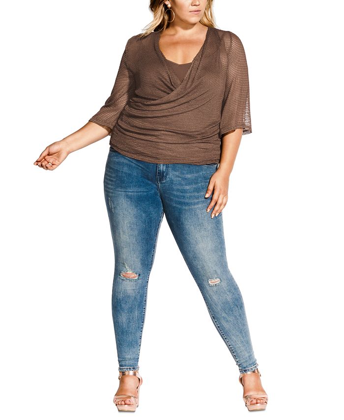 City Chic Trendy Plus Size Fishnet Twist-Front Top - Macy's