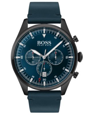 BOSS Men's Chronograph Pioneer Blue Leather Strap Watch 44mm - Macy's