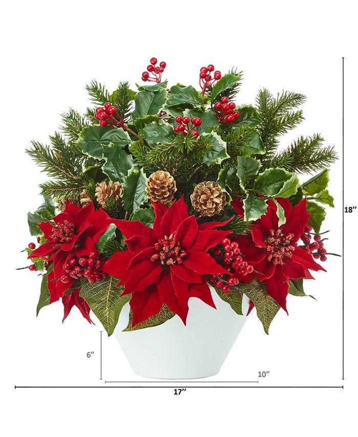 Nearly Natural 18" Poinsettia, Holly Leaf and Pine Artificial ...