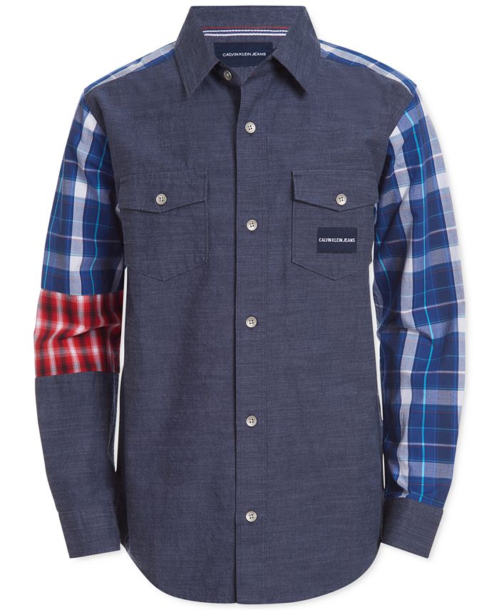 Calvin Klein Big Boys Denim Remix Pieced Colorblocked Shirt - Macy's