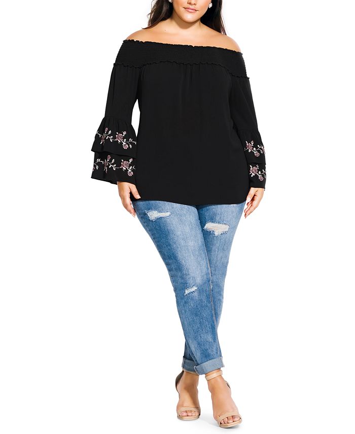 City Chic Trendy Plus Size Off-Shoulder Embroidered Top - Macy's