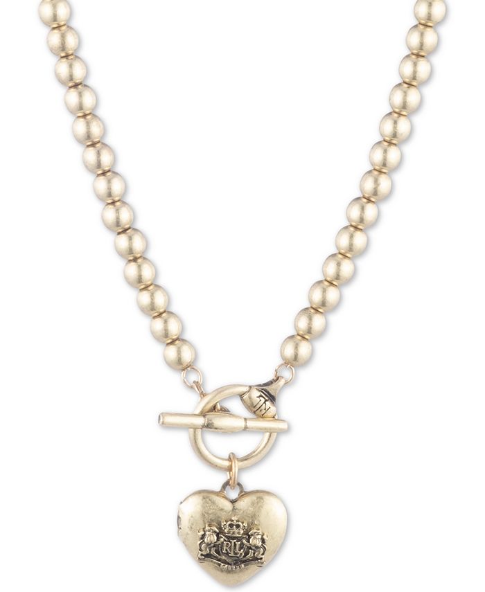 Lauren Ralph Lauren Gold-Tone Crested Heart 16" Beaded Pendant Necklace ...