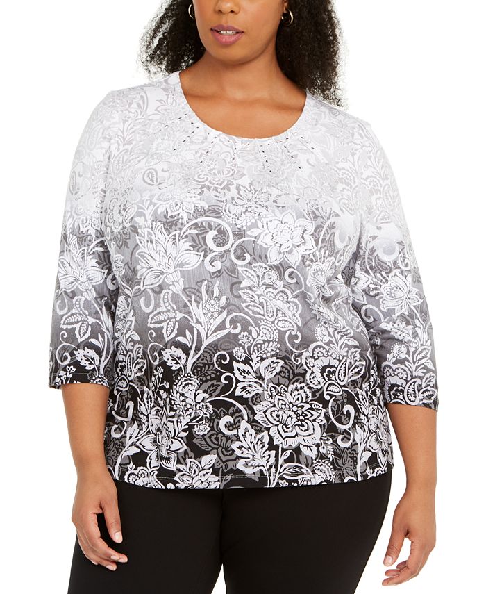 Alfred Dunner Plus Size Riverside Drive Ombré-Scroll Printed Top - Macy's