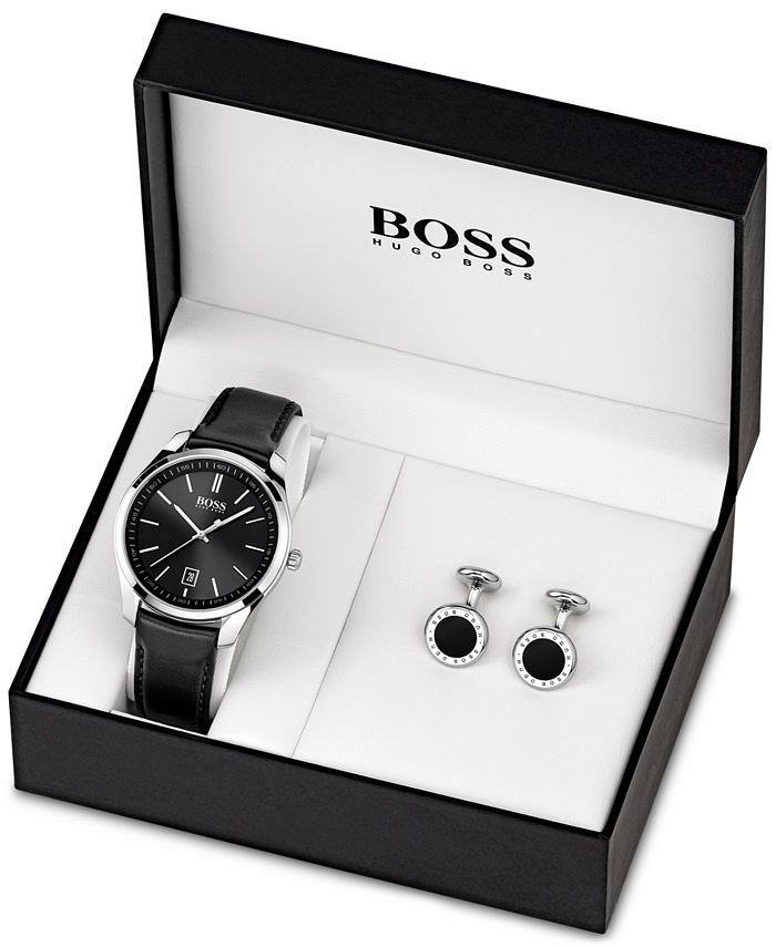BOSS Men's Cufflink & Circuit Black Leather Strap Boxed Watch 42mm Gift ...