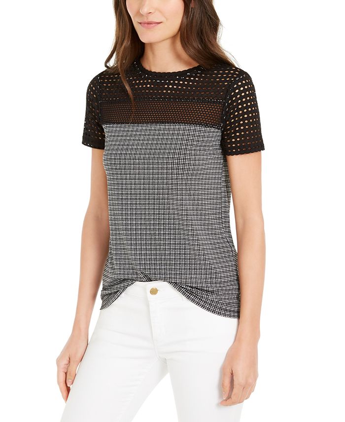 Michael Kors Checked Mesh-Trimmed Top, Regular & Petite - Macy's