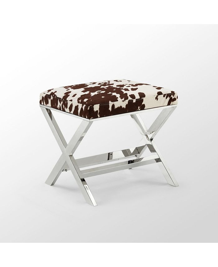 INSPIRED HOME Drake Velvet Faux Cowhide Ottoman with Metal X-Leg Frame ...