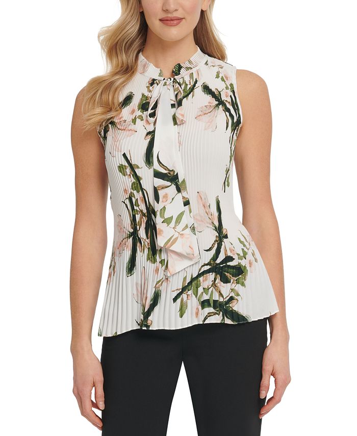 DKNY Petite Floral-Print Pleated Sleeveless Top - Macy's