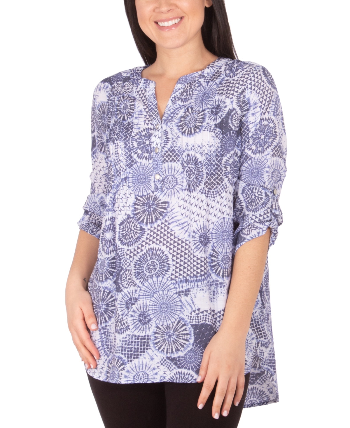 Click here for Ny Collection Petite Printed Pintuck Top - Blue Tr... prices