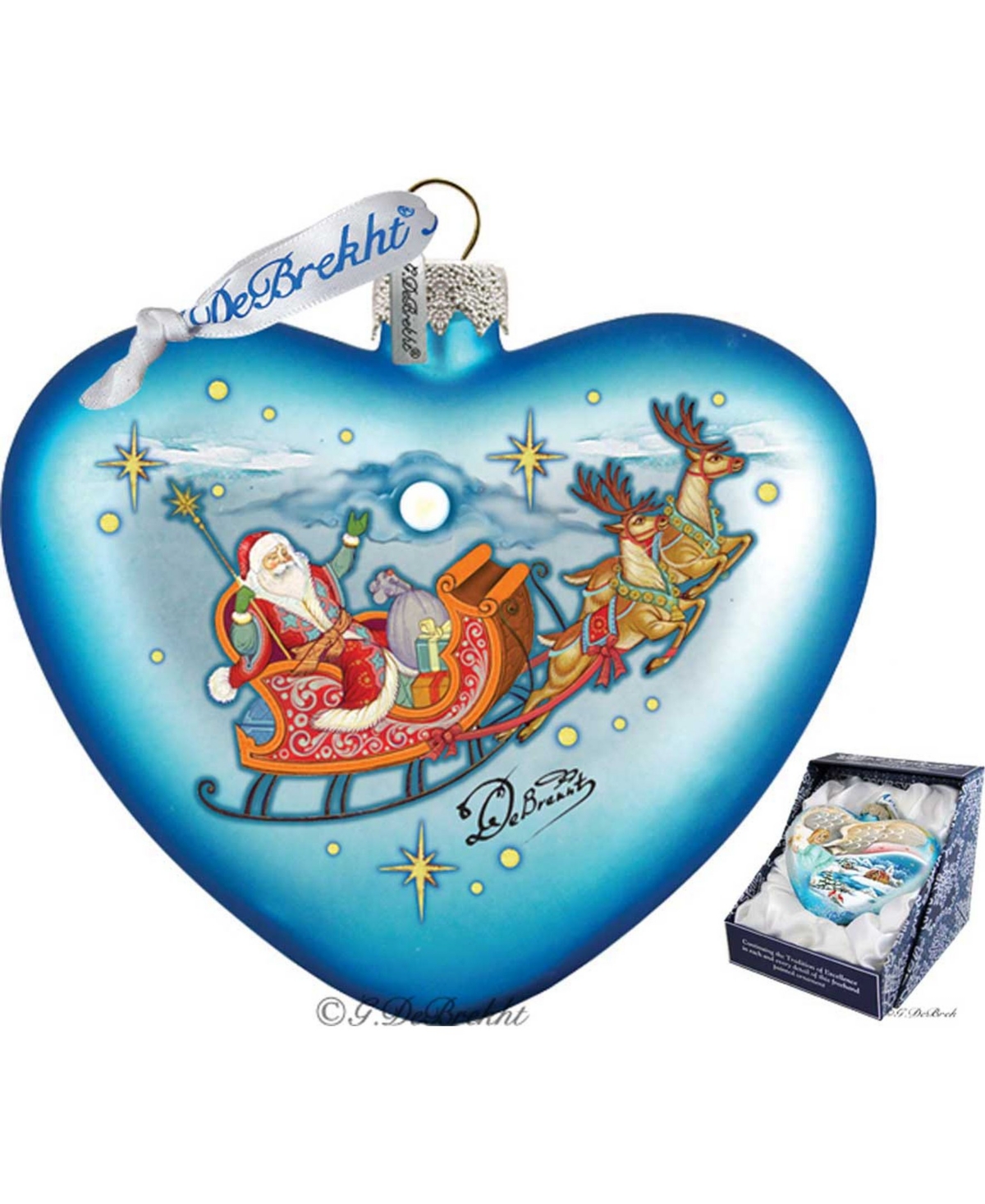 Click here for G.DeBrekht Santa on His Way Hart Glass Ornament -... prices