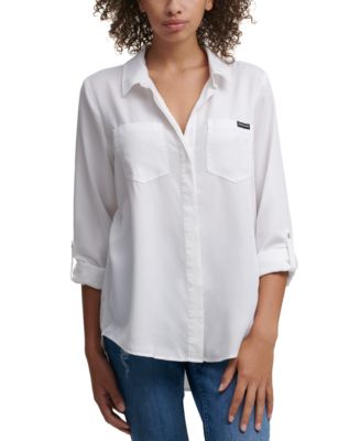 Calvin Klein Jeans Split Back Button Down Top - Macy's