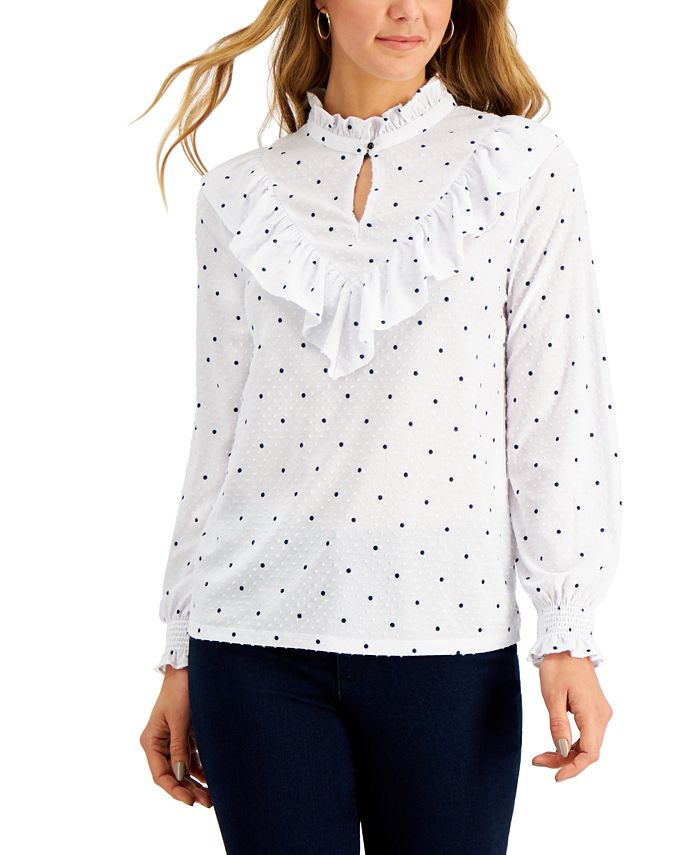Charter Club Printed Clip-Dot Ruffled Knit Top, Created for Macy's - Macy's