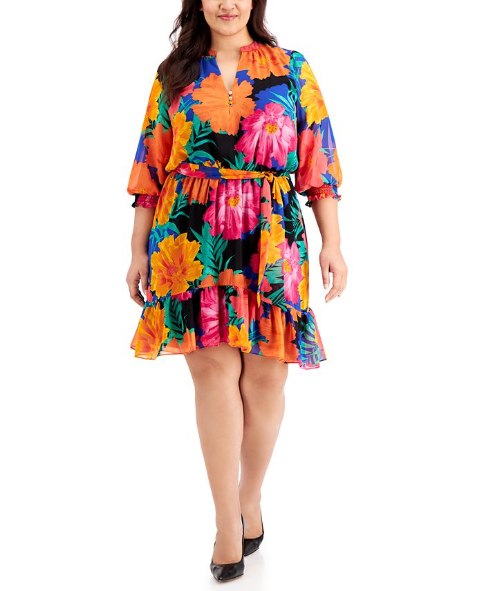 Calvin Klein Plus Size Ruffled Floral-Print Dress - Macy's