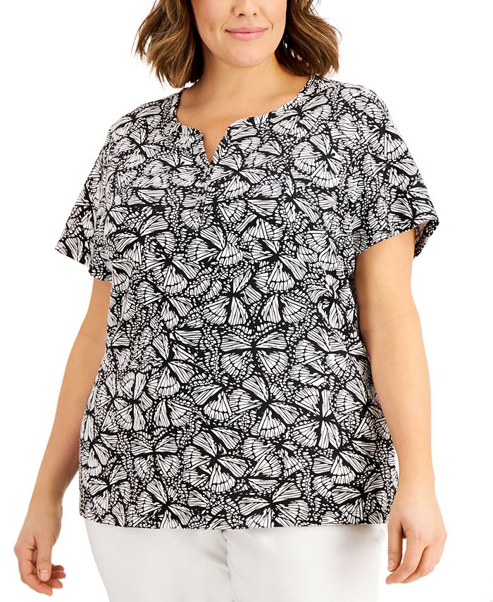 Karen Scott Plus Size Butterfly-Print Henley Top, Created for Macy's ...