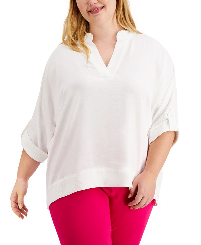 Calvin Klein Plus Size Solid Textured V-Neck Top - Macy's