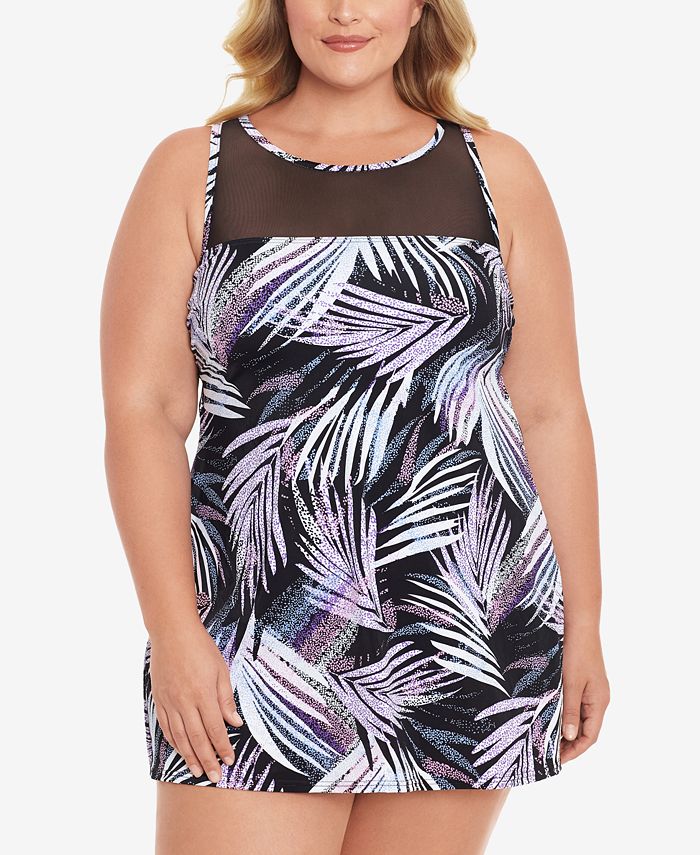 Swim Solutions Plus Size Sprinkle Leaf High Neck Tummy Control Mesh