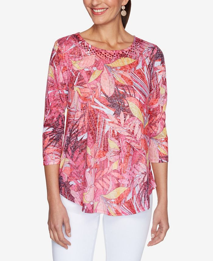 Ruby Rd. Women's Misses Knit Embellished Floral Top - Macy's