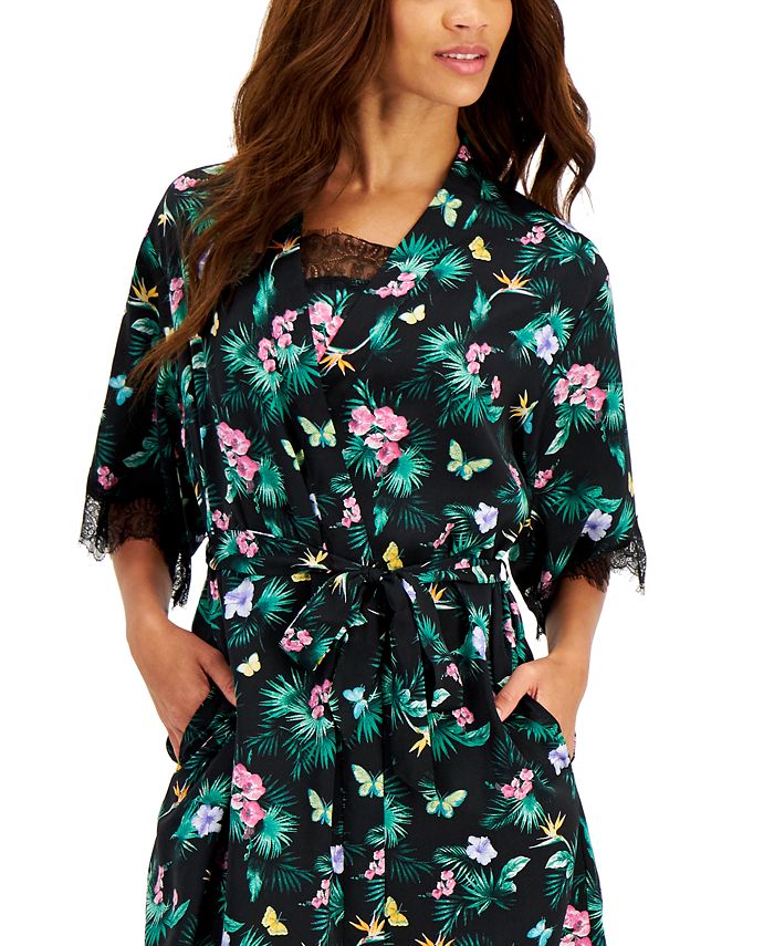 INC International Concepts Lace-Trim Tropical-Print Wrap Robe, Created ...