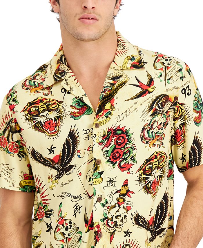 Ed Hardy Men's Modern-Fit Tattoo-Print Camp Shirt - Macy's