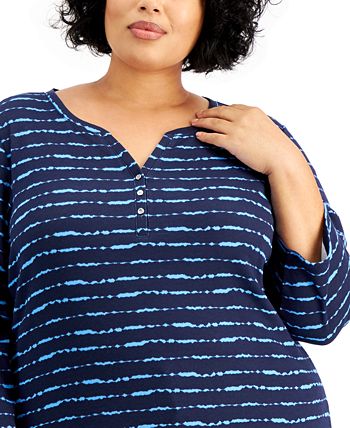 Karen Scott Plus Size Steph Striped Henley Top, Created for Macy's - Macy's