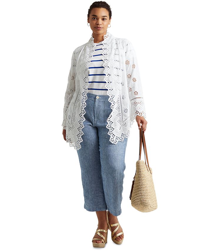 Lauren Ralph Lauren Plus Size Embroidered Open-Front Top - Macy's