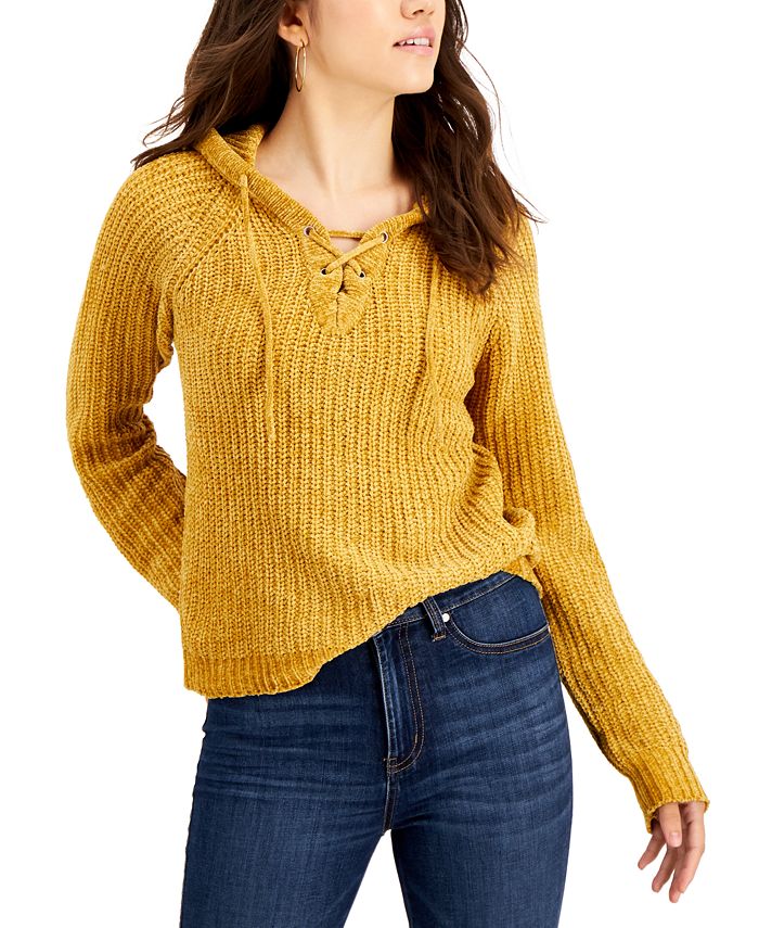 Planet Gold Juniors' Lace-Up Chenille Hoodie - Macy's