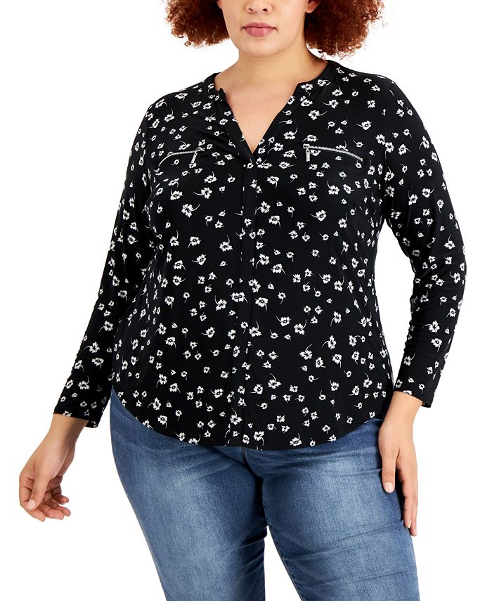 Inc International Concepts Plus Size Zip Pocket Floral Print Shirt