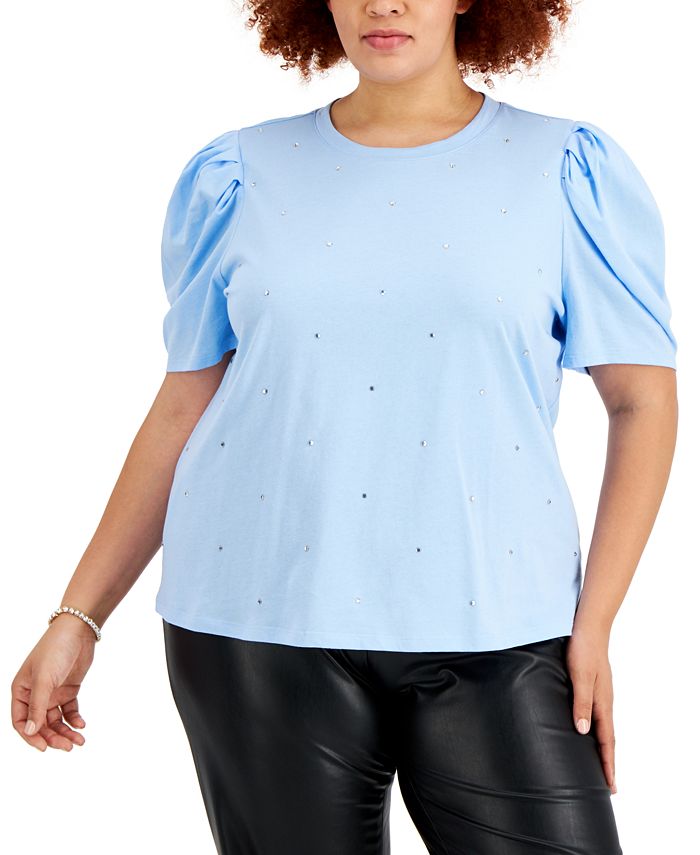 Inc International Concepts Plus Size Embellished Puff Sleeve Cotton Top