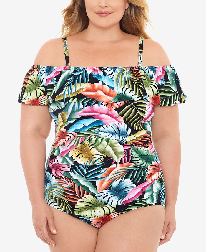 Swim Solutions Plus Size Ruffled Off The Shoulder Tummy Control One
