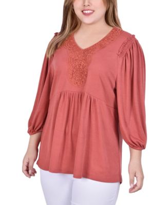 NY Collection Plus Size 3/4 Sleeve Knit Gauze Top - Macy's