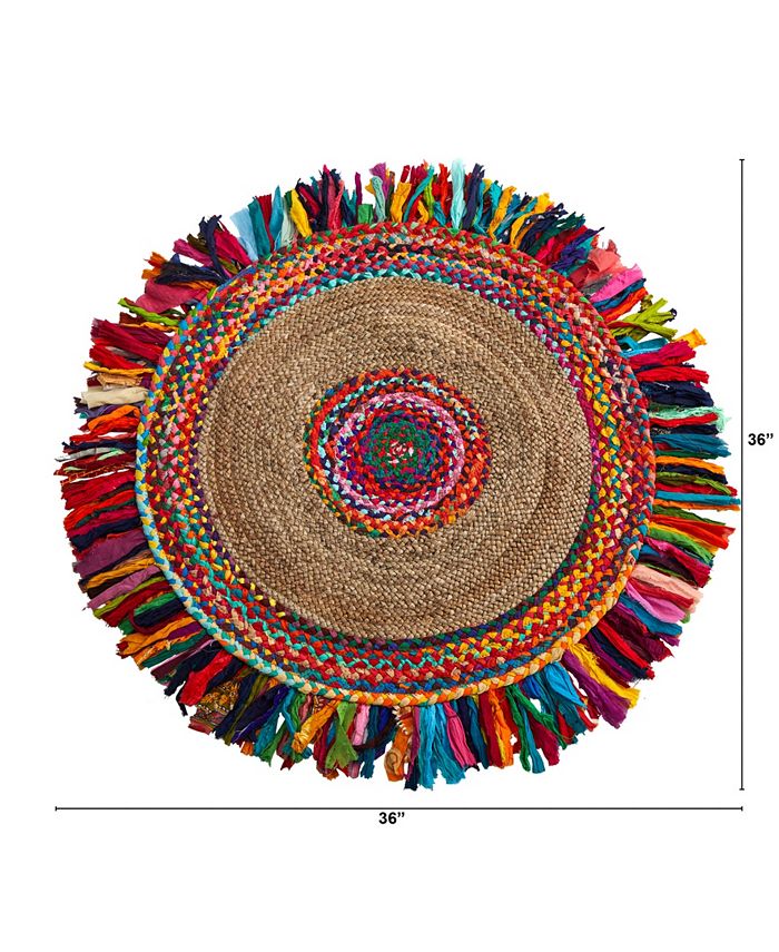 Nearly Natural Handmade Woven Chindi Rug with Colorful Fringe, 3' x 3 ...