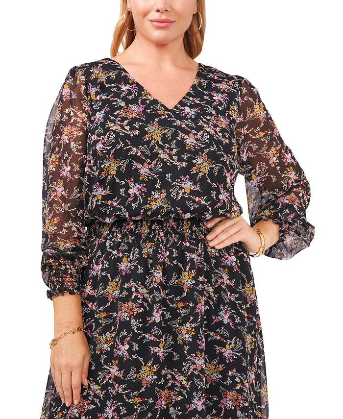 MSK Plus Size Floral-Print Smocked Midi Dress - Macy's