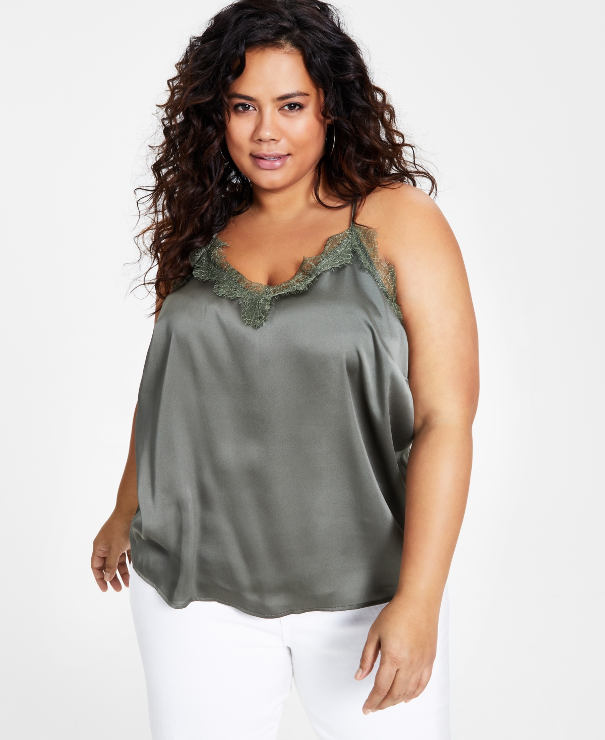Bar Iii Trendy Plus Size Lace Trim Camisole Created For Macys In Dusty Olive Modesens